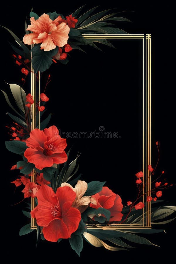 Red Flowers on a Black Background with a Gold Frame Stock Illustration ...
