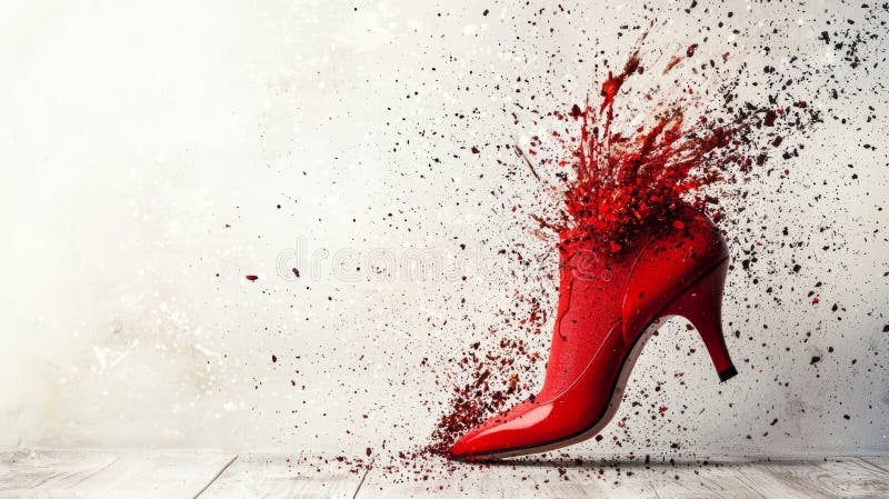Red High Heel Shoe Exploding in Red Particles Against White Background ...