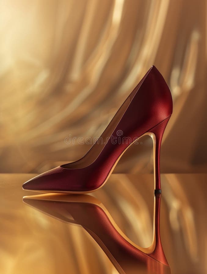 Red High Heel Shoe on a Reflective Surface with Golden Background ...