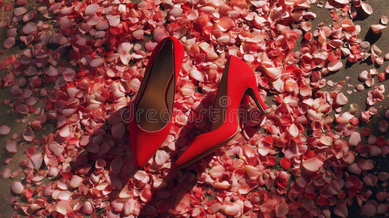 Red High Heels on a Stone Path Surrounded by Scattered Petals Stock ...