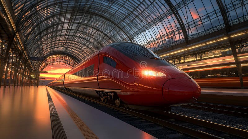 Red High Speed Train Arriving at Station at Sunset Stock Illustration ...