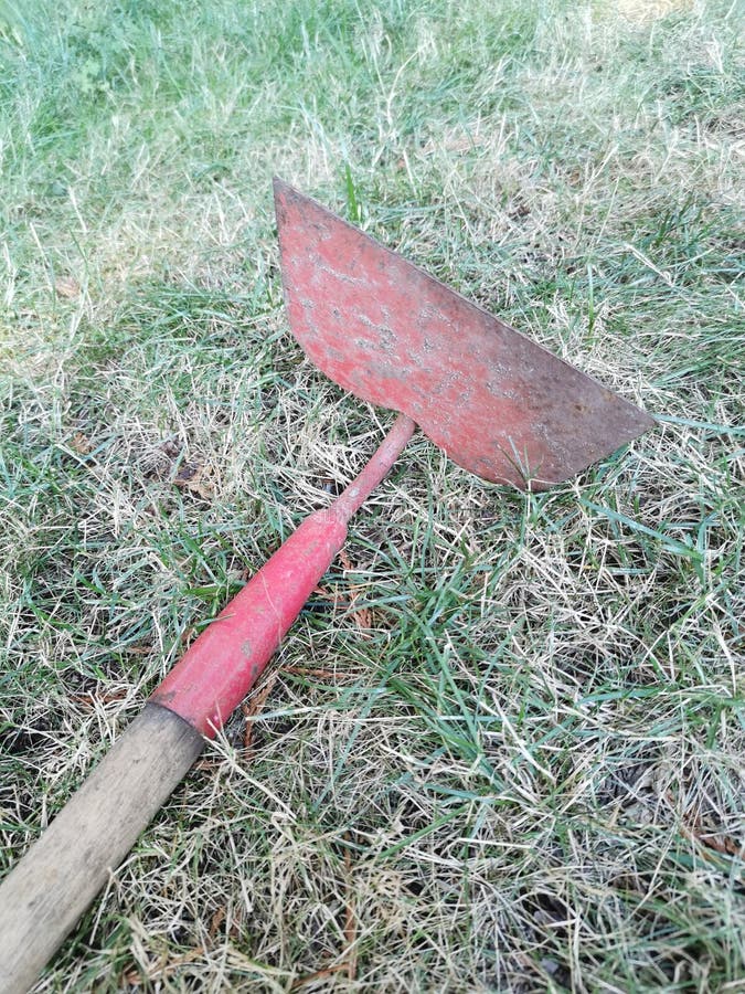 Red Hoe on the Lawn stock photo. Image of wooden, lawn - 286924644