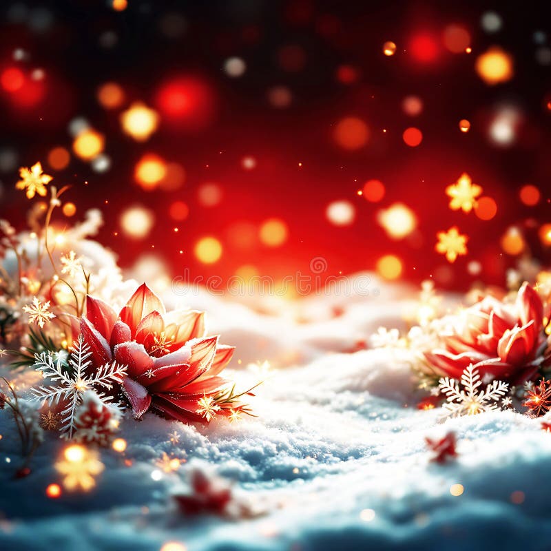 Red Holiday Background with Snow, Flowers, and Sparkling Lights Stock ...