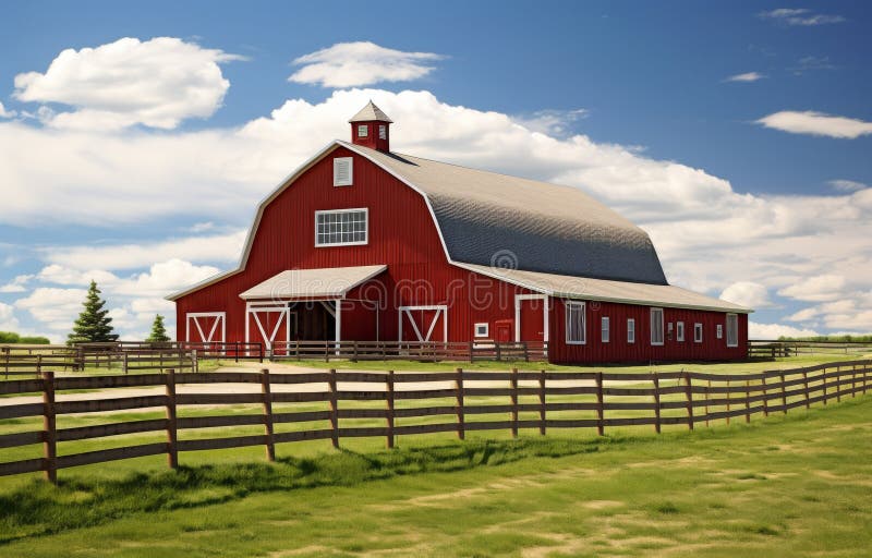 Red Horse Barn and Stable on Farm with Green Grass and Clouds in the ...