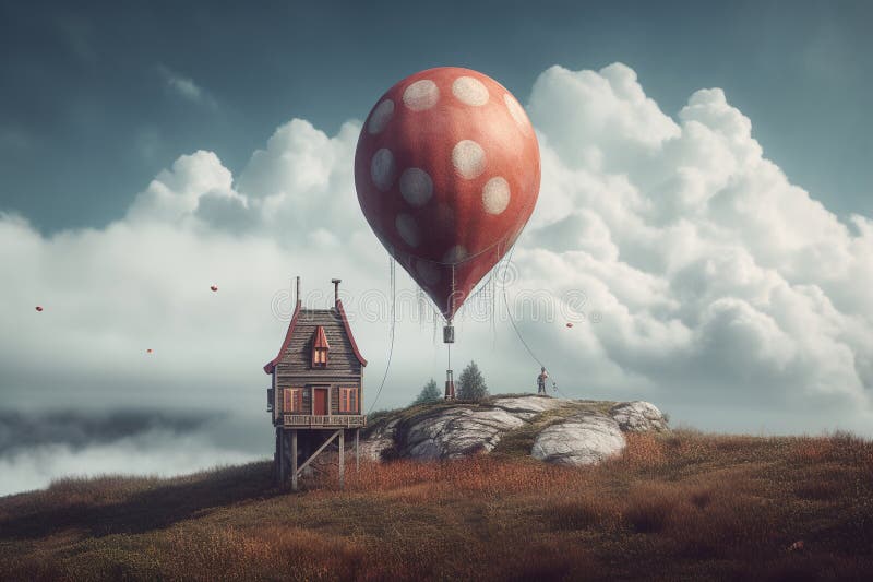 A Red Hot Air Balloon Flying Over a House. Generative AI Image. Stock ...
