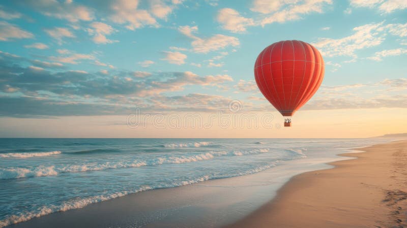 Red Hot Air Balloon Over Sandy Beach at Sunrise Stock Illustration ...