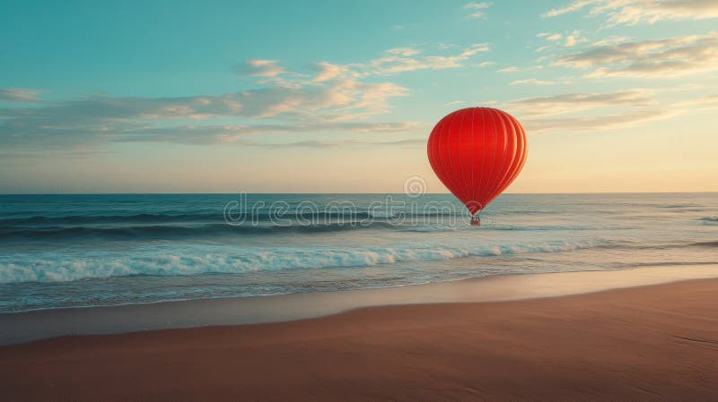 Red Hot Air Balloon Over Sandy Beach at Sunset Stock Illustration ...