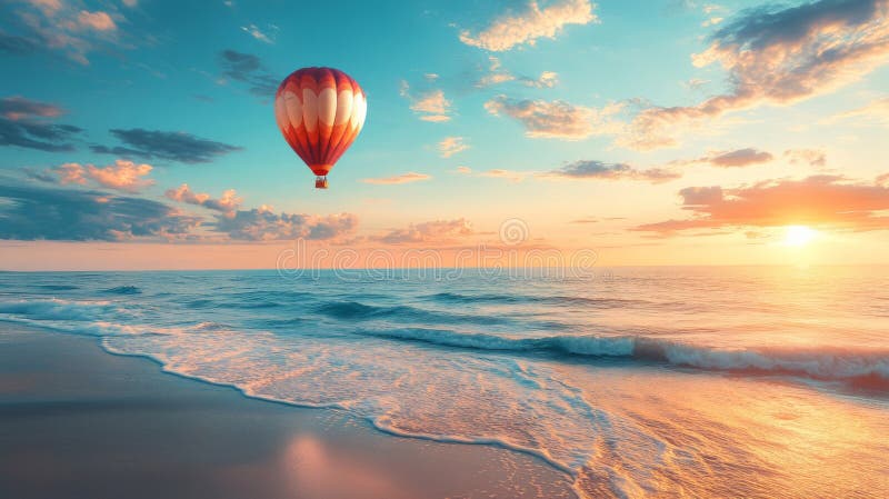 Red Hot Air Balloon Soaring Over Ocean Beach at Sunset Stock ...