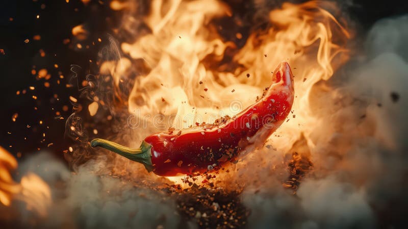 Red Hot Chili Pepper Burning in Flames with Spices Exploding Around it ...