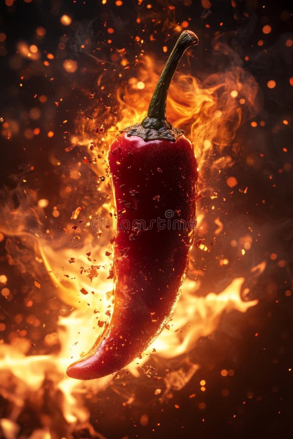 Red Hot Chili Pepper Engulfed by Intense Flames and Sparks, High ...
