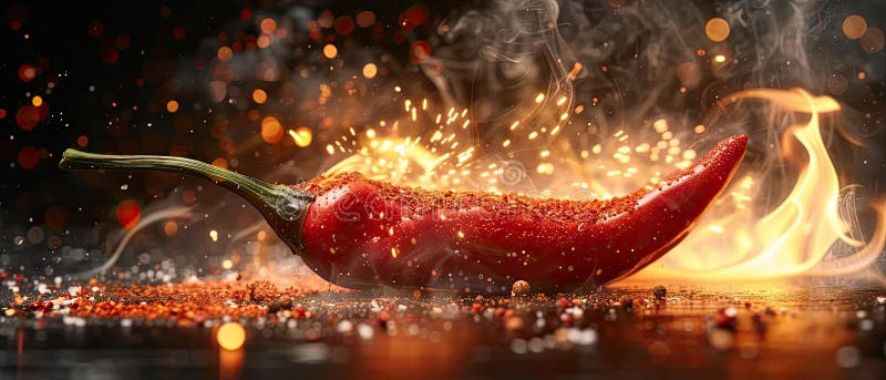 Red Hot Chili Pepper in Fire on Black Background. Chili Pepper Burning ...