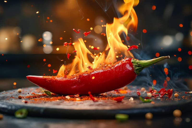 A Red Hot Chili Pepper on Fire on a Black Plate. Generative AI Stock ...