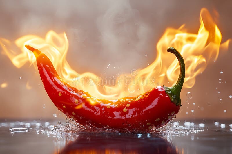 A Red Hot Chili Pepper on Fire with Water Splashing Around it Stock ...
