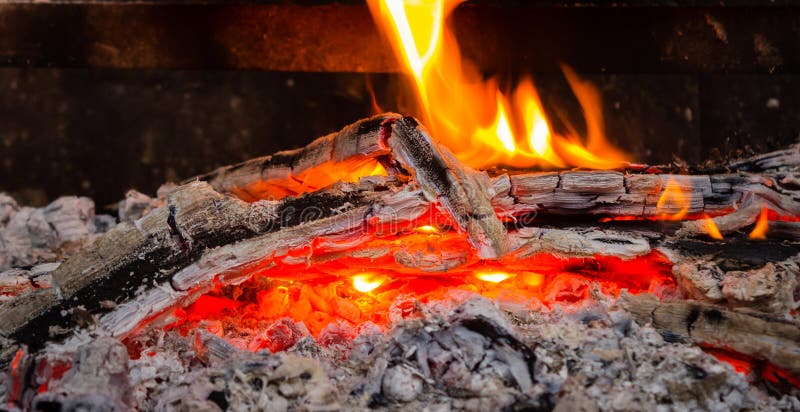 Red Hot Coals and Live Fire, Flame. Burning Firewood. . Stock Image ...