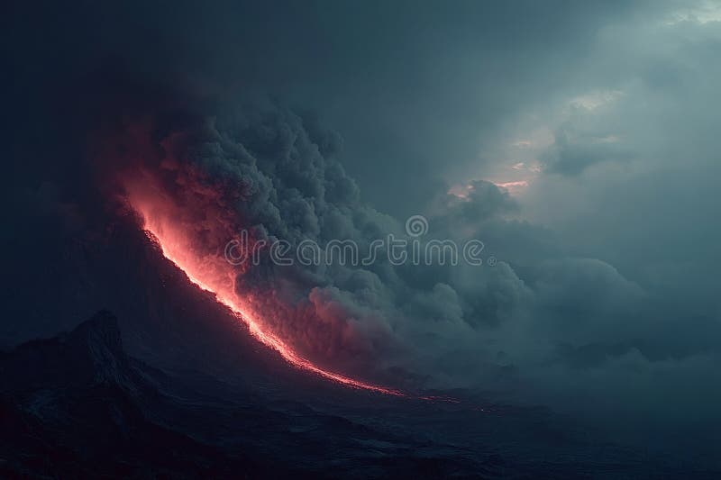 Volcano Erupting Lava and Spewing Smoke Under Dark Clouds Stock Image ...