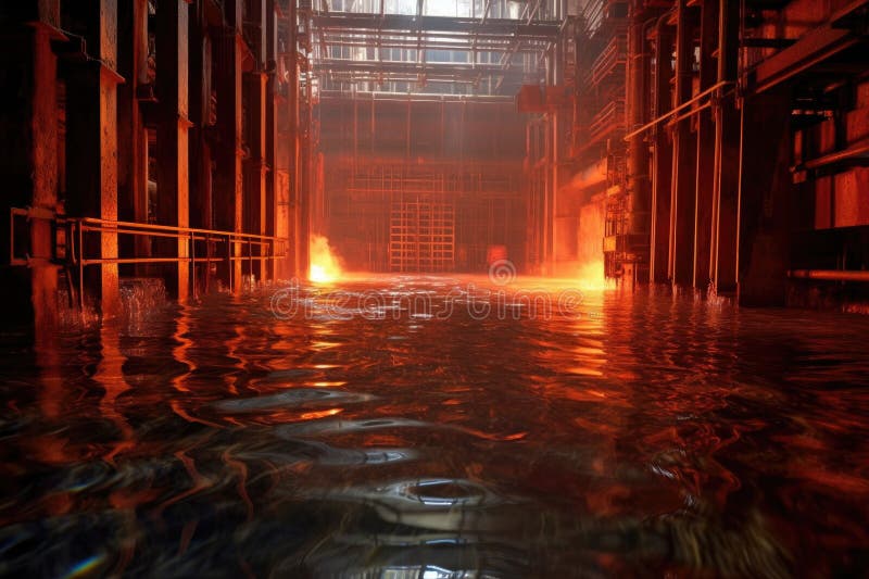 Red-hot Metal Bars Cooling in Water at a Mill Stock Illustration ...
