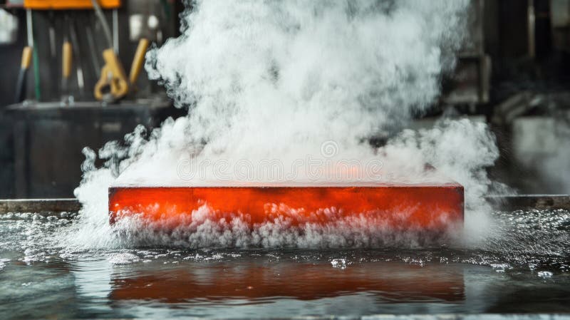 Red Hot Metal Billets Submerged in Water Creating Steam in a Busy ...