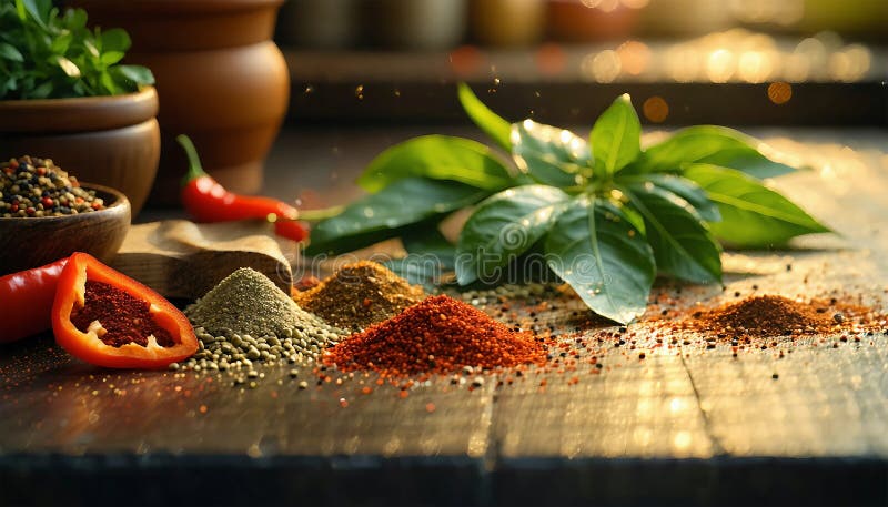 Red Hot Pepper and Dry Spices on Table. Classic Village Scene Stock ...