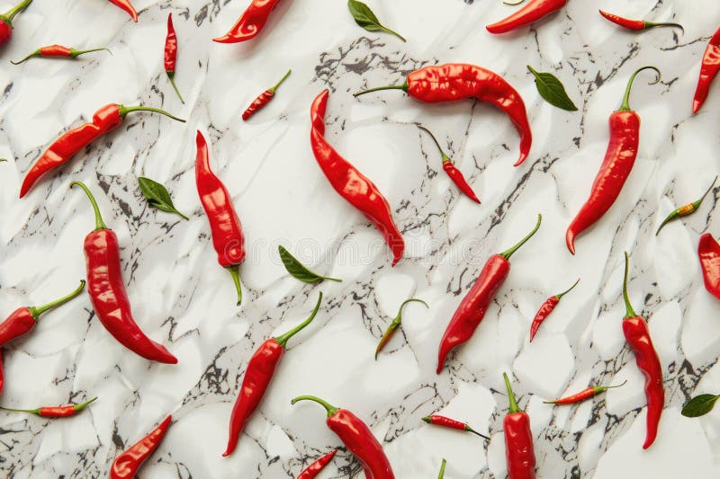 Red hot peppers on marble stock photo. Image of recipe - 375104836