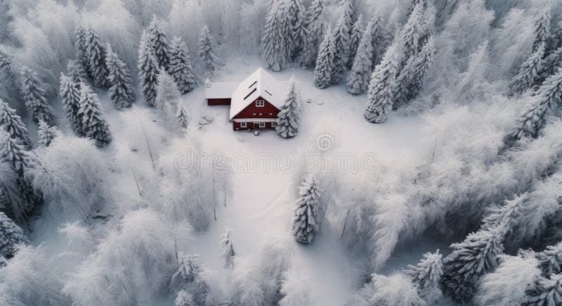 A Red House is Covered in Snow in a Wooded Area Stock Image - Image of ...