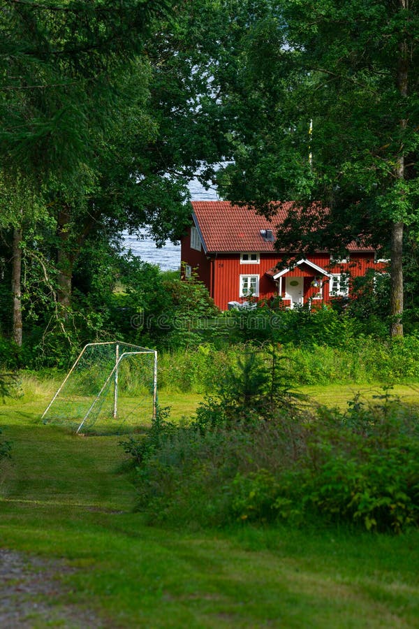 Red House with Football Goal in Forest.. Stock Photo - Image of home ...