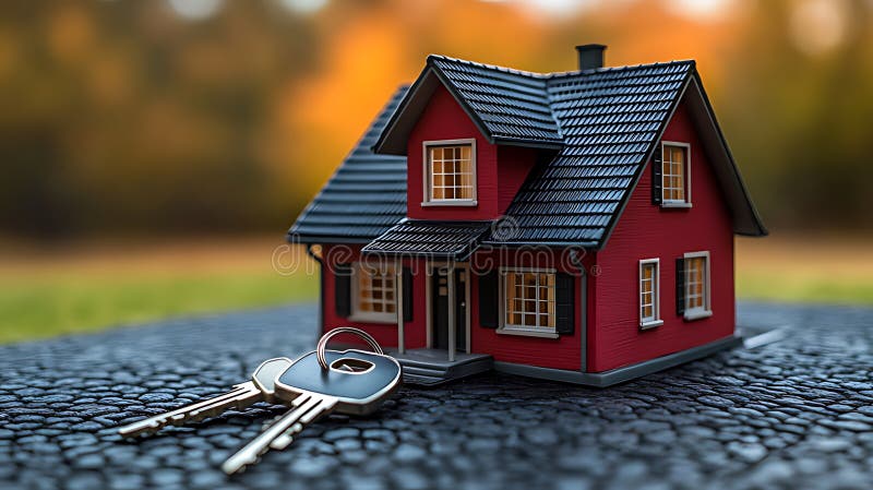 Red House Model with Keys on Pavement Stock Illustration - Illustration ...