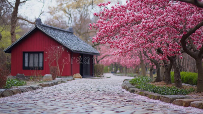 Red House Path Pink Magnolia Blossom Trees Stock Illustration ...