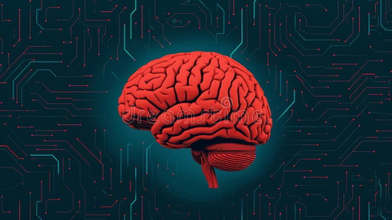 A Red Human Brain Set Against a Blue Circuit Board Background ...