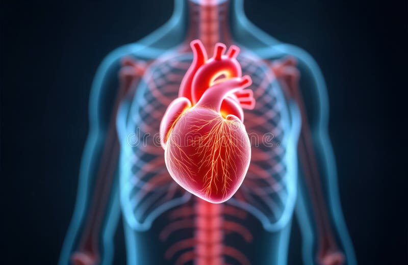 Red Human Heart in X-ray Chest View. Medical Illustration Shows ...