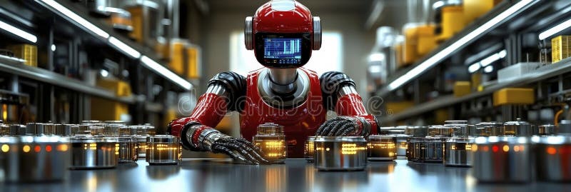Red Humanoid Robot Amid Shiny Mechanical Components Stock Illustration ...