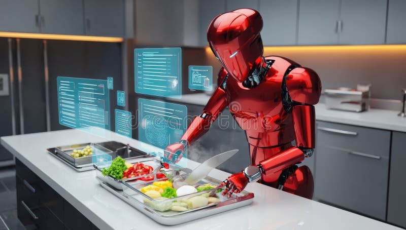 A Red Humanoid Robot Chef in a Sleek Futuristic Kitchen, Working on ...