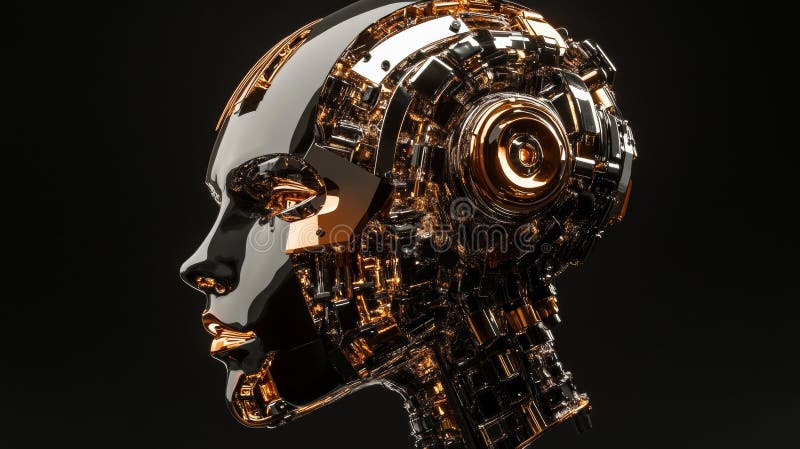 Red Humanoid Robot or Cyborg with Metallic Skull Head Isolated on Black ...