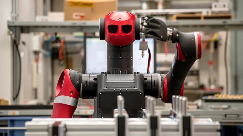 Red Humanoid Robot in Industrial Setting with Blurred Background Stock ...