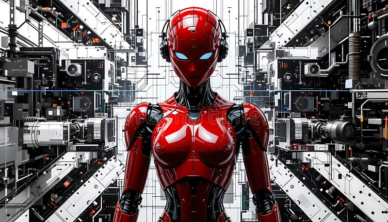 Red Humanoid Robots in Black, White Abstract Tecnology Background. AI Robots. Red Female Robots ...