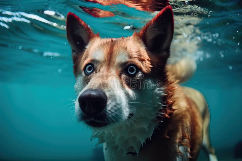Red Husky Swims Under Water,generative AI. Stock Illustration ...