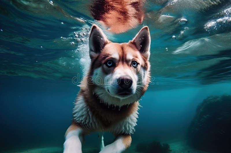 Red Husky Swims Under Water,generative AI. Stock Illustration ...