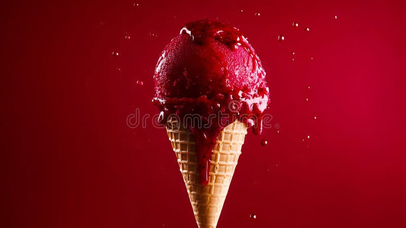 A Red Ice Cream Cone with a Splash of Red Liquid on it Stock Image ...