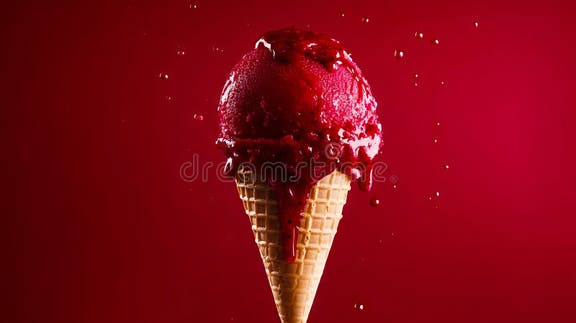 A Red Ice Cream Cone with a Splash of Red Liquid on it Stock Image ...