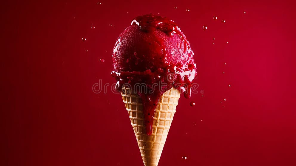 A Red Ice Cream Cone with a Splash of Red Liquid on it Stock Image ...
