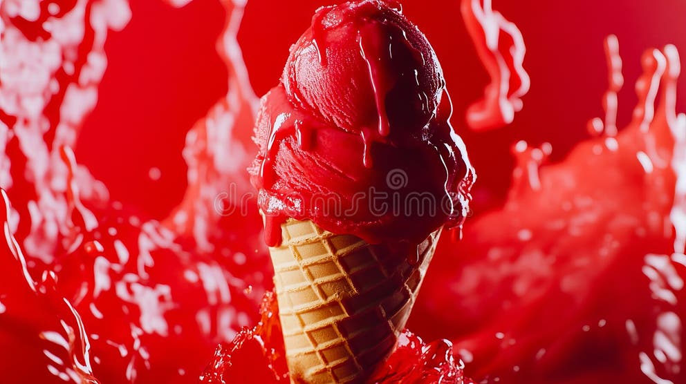 A Red Ice Cream Cone with a Splash of Red Liquid Stock Image - Image of ...