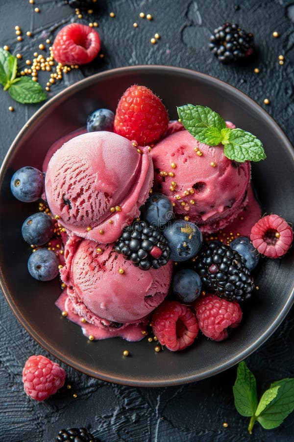 Red Ice Cream Scoops are Garnished with Fresh Berries and Mint Leaves ...