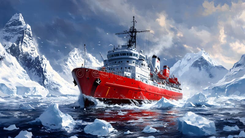 Red Icebreaker Ship Navigating through Antarctic Icebergs Stock Image ...