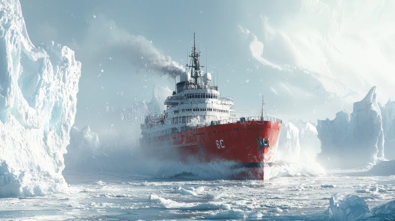 Red Icebreaker Ship Navigating through Icy Waters and Glaciers Under a ...