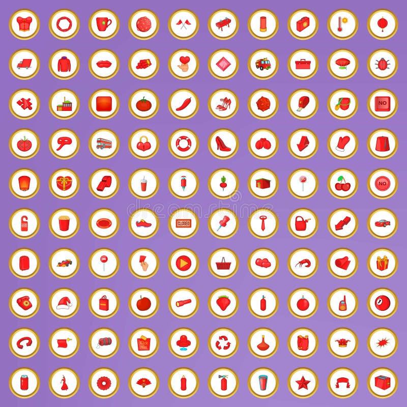 100 Red Icons Set in Cartoon Style Stock Vector - Illustration of ...