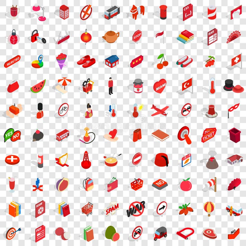 100 Red Icons Set, Isometric 3d Style Stock Vector - Illustration of ...