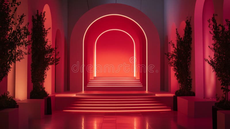 Red Illuminated Arches with Ambient Glow, Architectural Photography ...