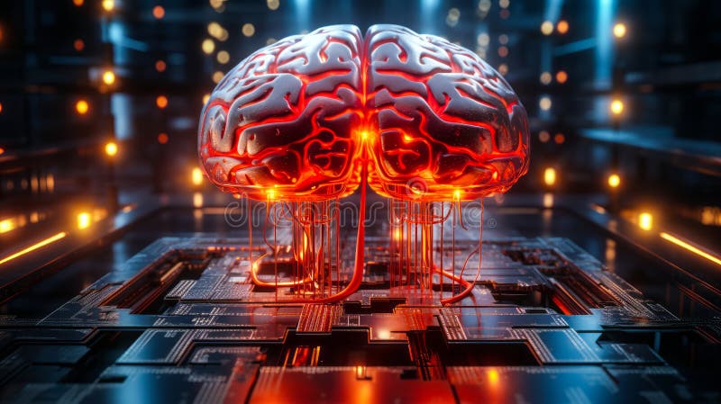 Red Illuminated Artificial Intelligence Brain in a Futuristic Data ...