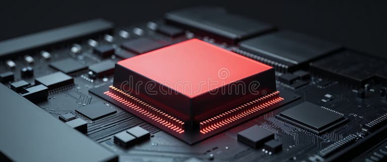 Red Illuminated Central Processing Unit on Black Circuit Board Stock ...