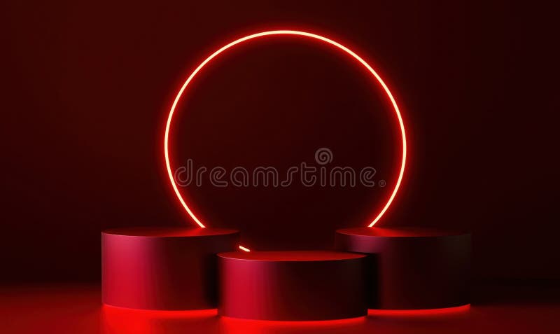 Red Illuminated Circular Neon Light Over Three Cylindrical Podiums in ...
