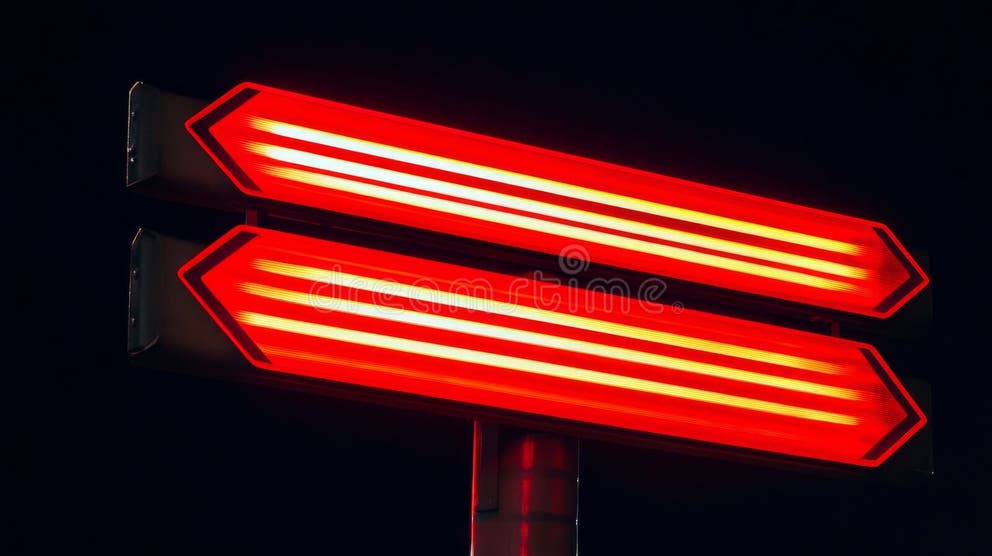 Red Illuminated Double Arrow Sign at Night Stock Illustration ...